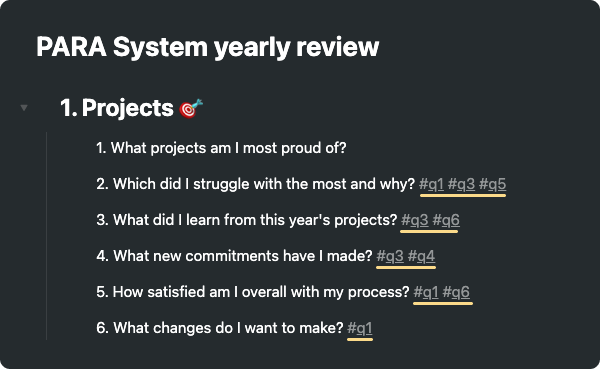 PARA system yearly review - Workflowy guide